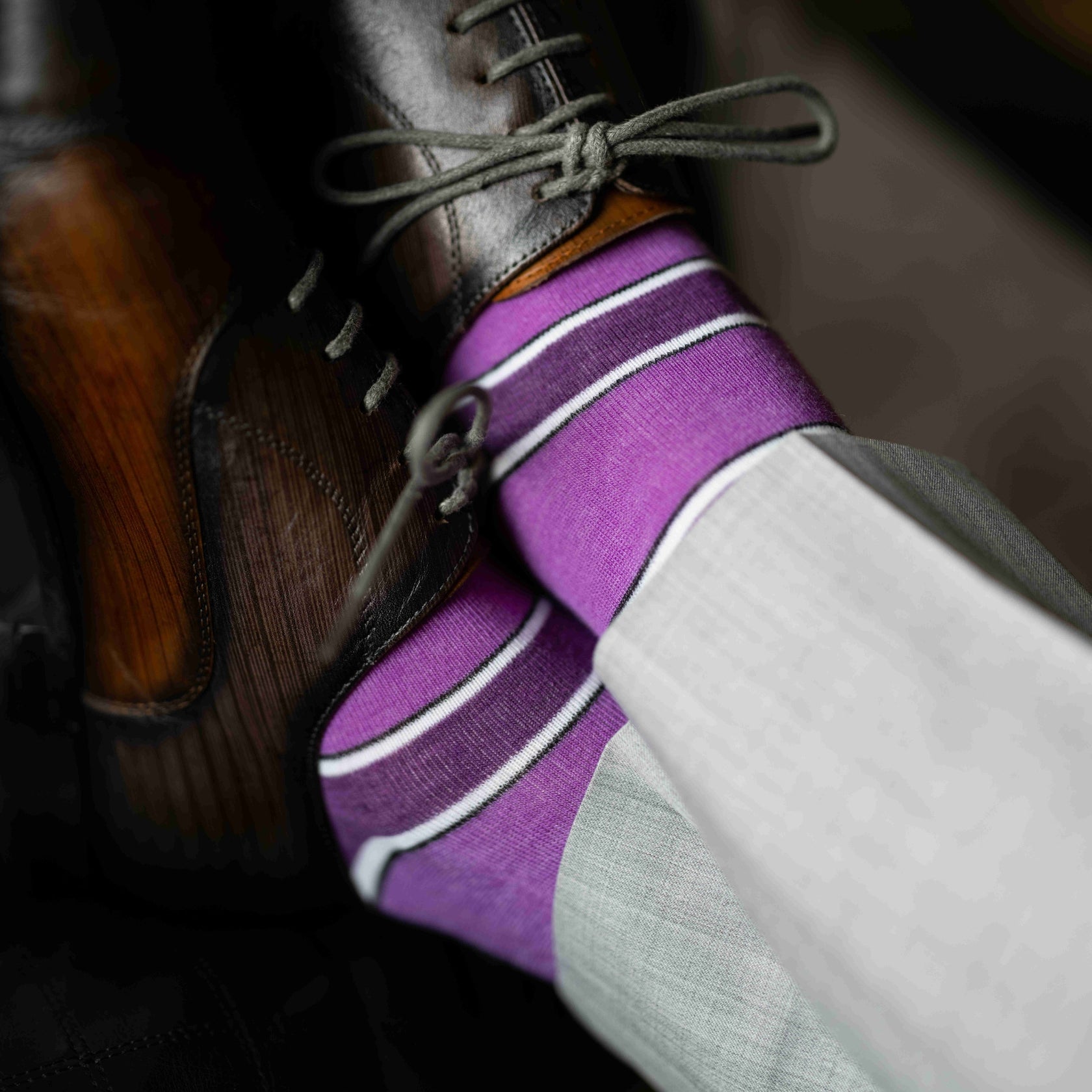 The Masons- A purple, violet, and white striped men's dress sock ...